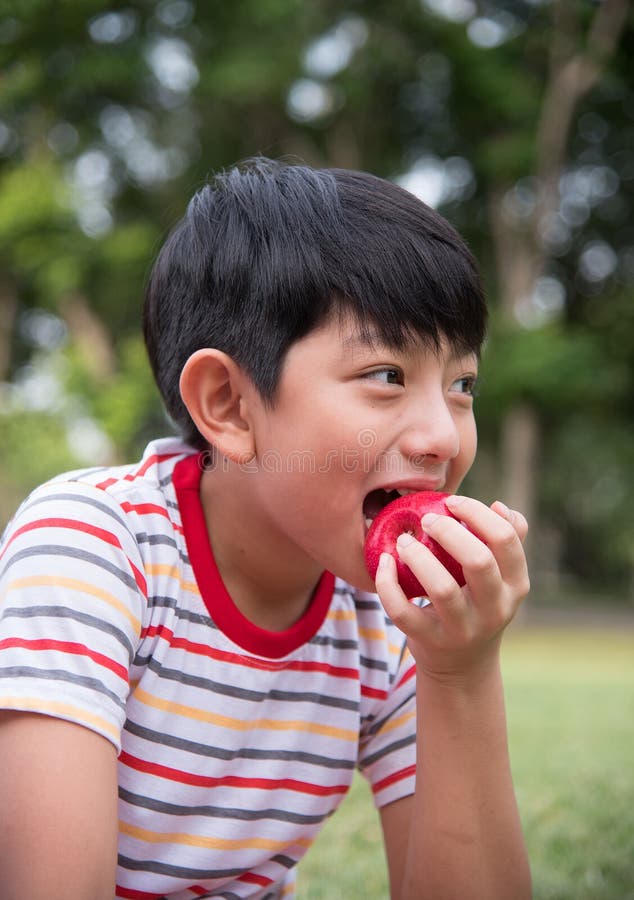 Asian boy bite apple stock photo. Image of lifestyle - 69658296