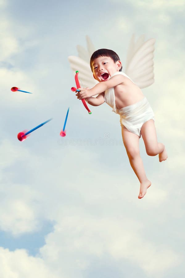 Asian Boy Cupid with a Bow and Arrows Fly in the Sky Stock Image ...