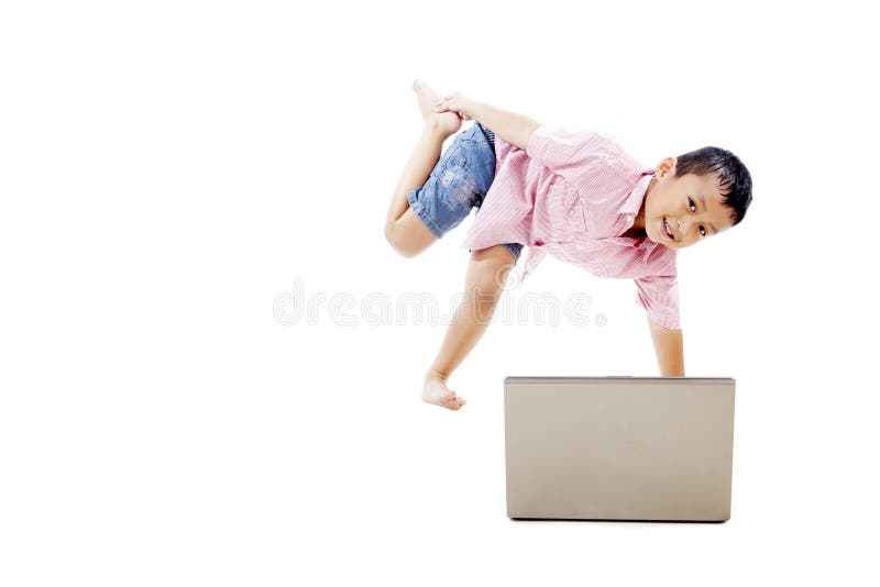 Asian Boy Dancing with Laptop Stock Image - Image of balance, child ...