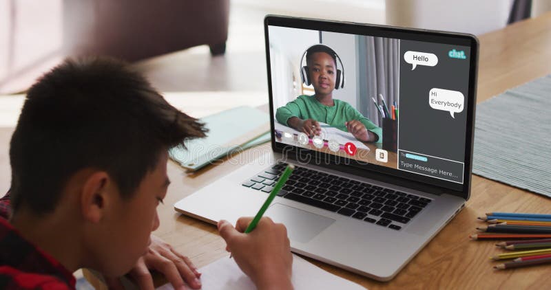 Asian Boy Doing Homework and Having a Video Call with Classmate on ...