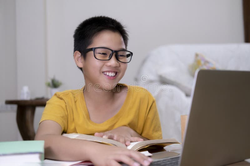 Asian Boy Enjoy Self Study with E-learning at Home Stock Image - Image ...