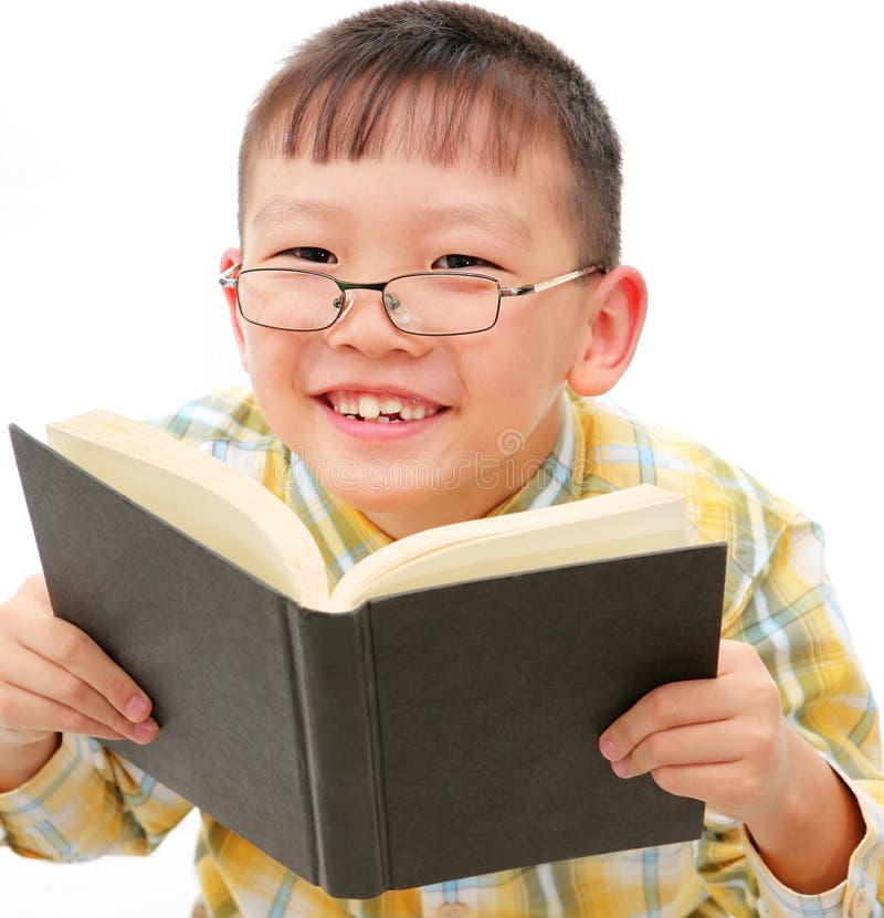 Asian Boy with Glasses Holding a Book Stock Image - Image of laugh ...