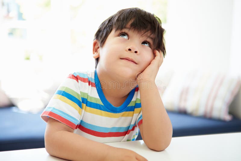 Asian Boy with Head in Hands Thinking Stock Image - Image of children ...