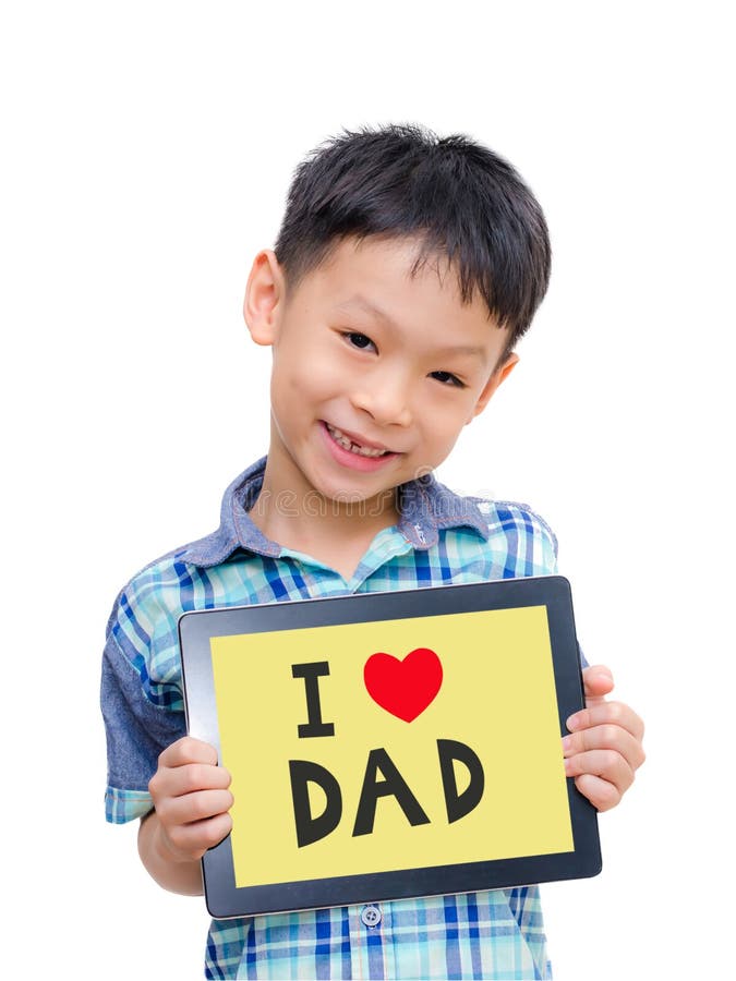 Asian Boy Holding a Tablet Computer with Love Dad Stock Image - Image ...