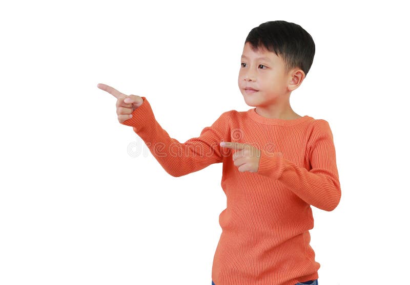 Asian Boy Kid Pointing Both Index Finger or Two Forefinger and Looking ...