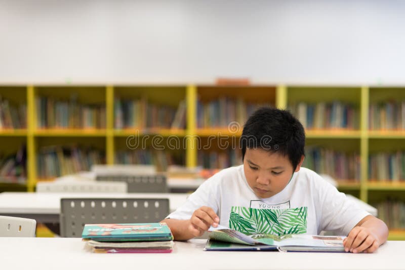 Asian Boy Reading a Book in a Library Stock Image - Image of holding ...