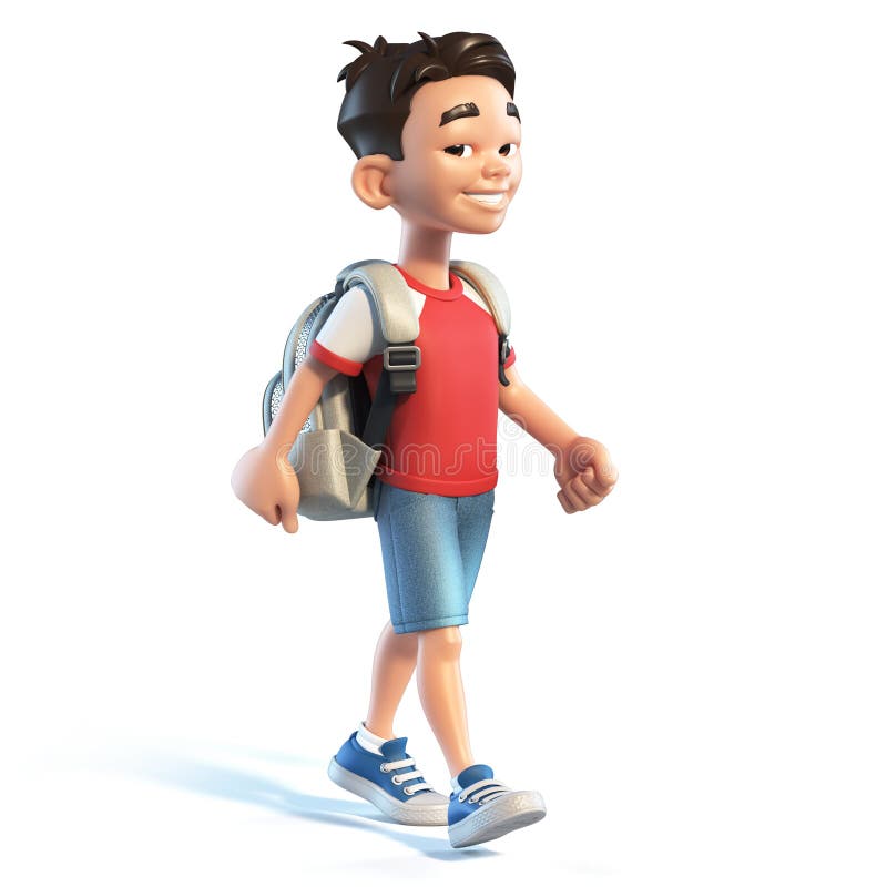 Asian Boy with School Bag Walking, Stylized Cartoon Character, School ...