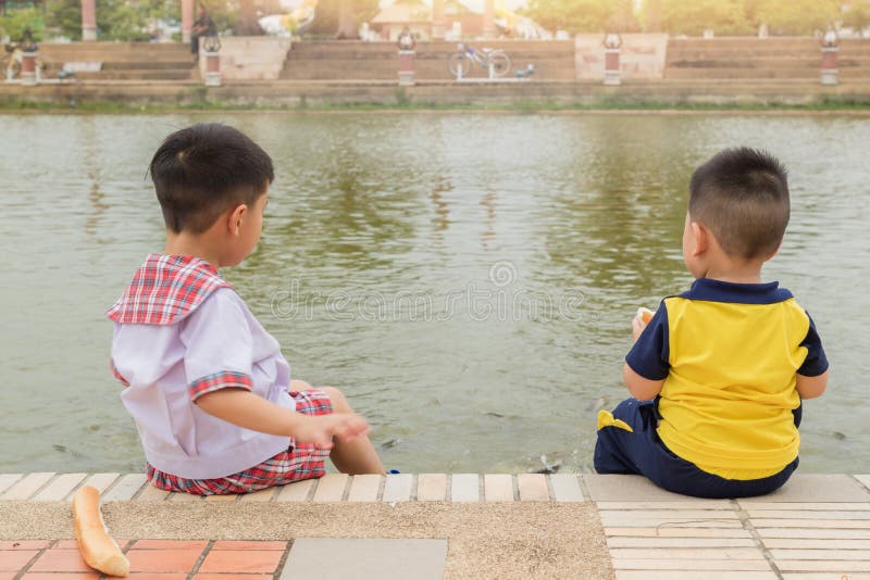 Boy Feeding the Fish with Bread Stock Photo - Image of holding, little ...
