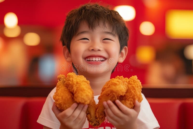 Asian Boy Sitting in Restaurant, Smiling Face, Holding Fried Chicken ...