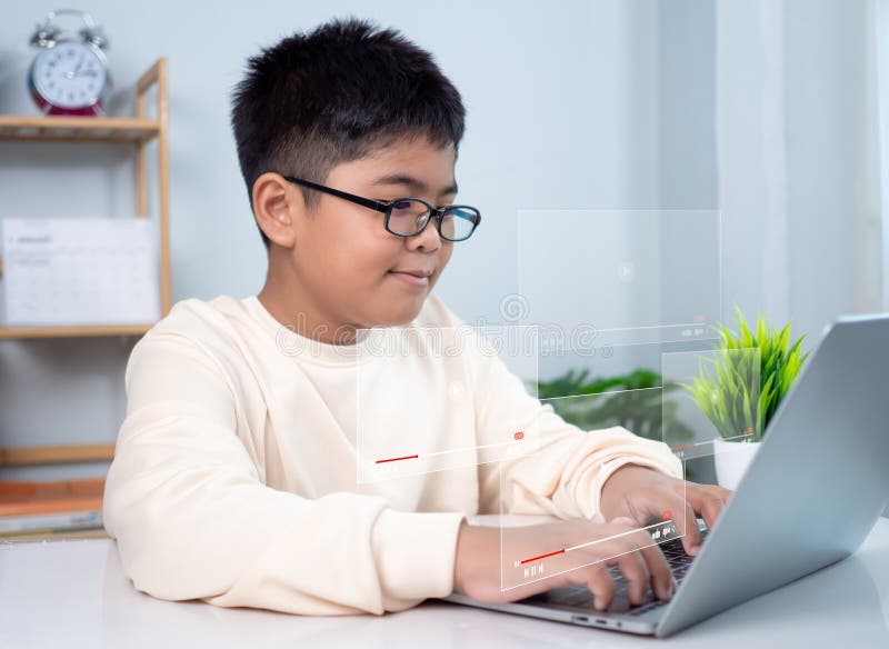 Asian Boy Student Using Computer Laptop Learning. Educational of Tech ...