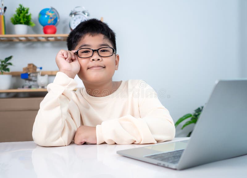 Asian Boy Student Using Computer Laptop Learning. Educational of Tech ...