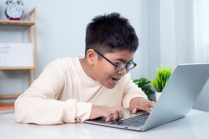 Asian Boy Student Using Computer Laptop Learning. Educational of Tech ...