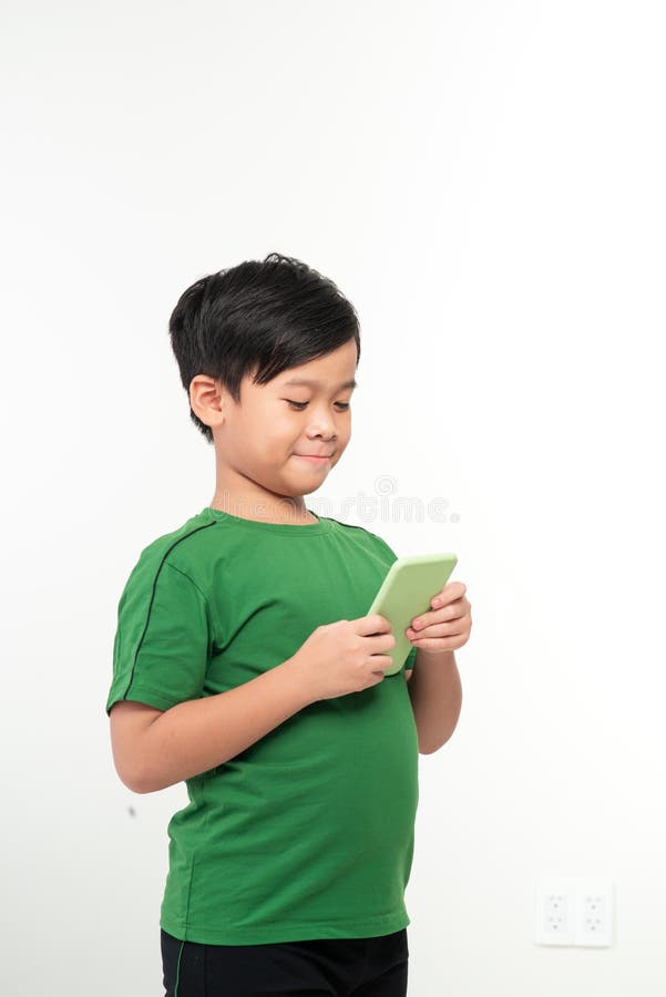Asian Boy Using Mobile Phone on White Background Stock Photo - Image of ...