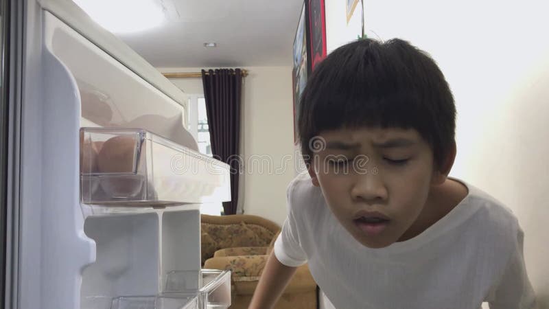 Asian Boy Was Disappointed and Sad when Opening the Empty Refrigerator ...