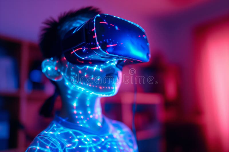 Asian Boy Wearing VR Goggles Using Augmented Reality To Study Human ...