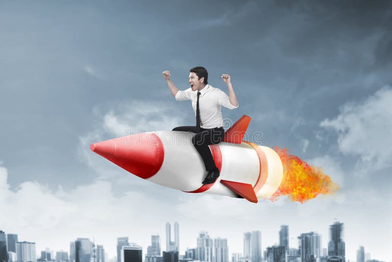 Asian Business Man Flying Ride Rocket Stock Image - Image of missile ...