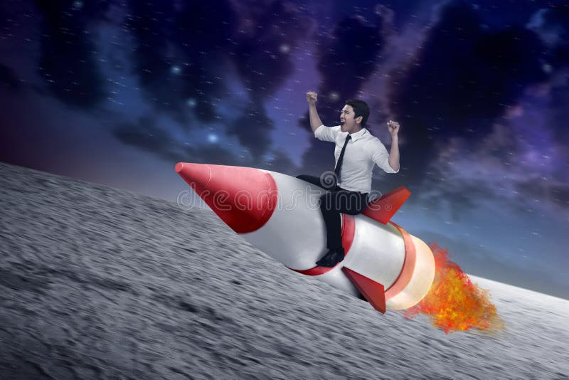 Asian Business Man Flying Ride Rocket Stock Image - Image of burn ...