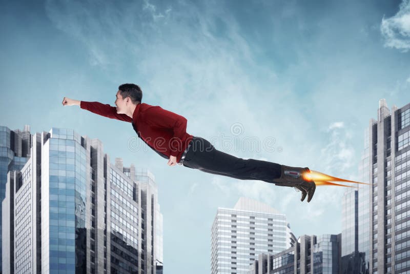 Asian Business Man Flying with Rocket on the Shoes Stock Photo - Image ...
