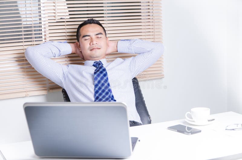 Asian Business Man Relaxing Close the Eyes in Work Space Stock Photo ...