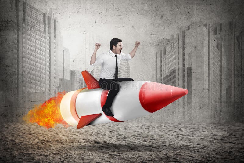 Asian Business Man Riding Rocket Stock Photo - Image of burn, business ...