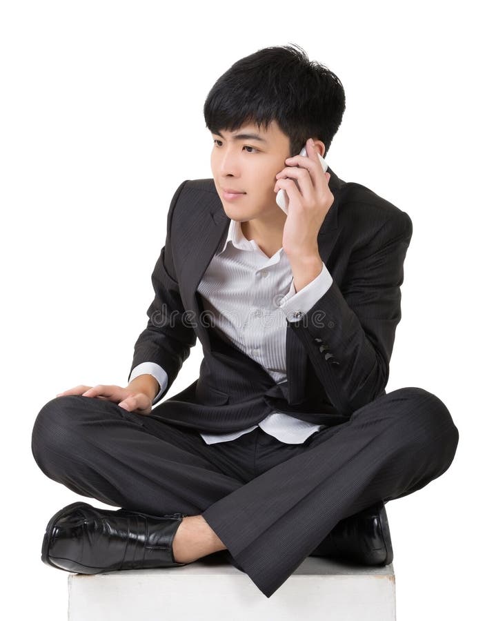 Asian Business Man Take a Call and Sit on Ground. Stock Photo - Image ...