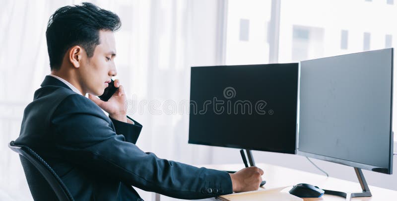 Person Desk Working Two Blank Screens Stock Photos - Free & Royalty ...