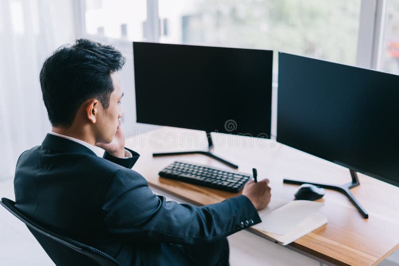 Person Desk Working Two Blank Screens Stock Photos - Free & Royalty ...