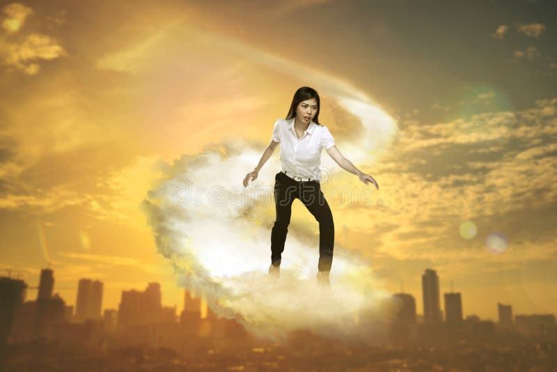 Asian Business Person Flying with the Cloud Stock Image - Image of ...