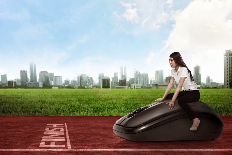 Asian Business Person Riding Computer Mouse Stock Photo - Image of ...