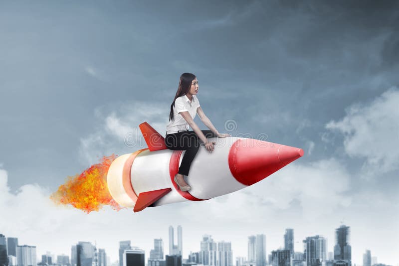 Asian Business Woman Flying Ride Rocket Stock Image - Image of space ...