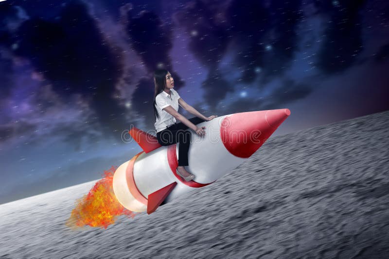 Asian Business Woman Flying Ride Rocket Stock Image - Image of female ...