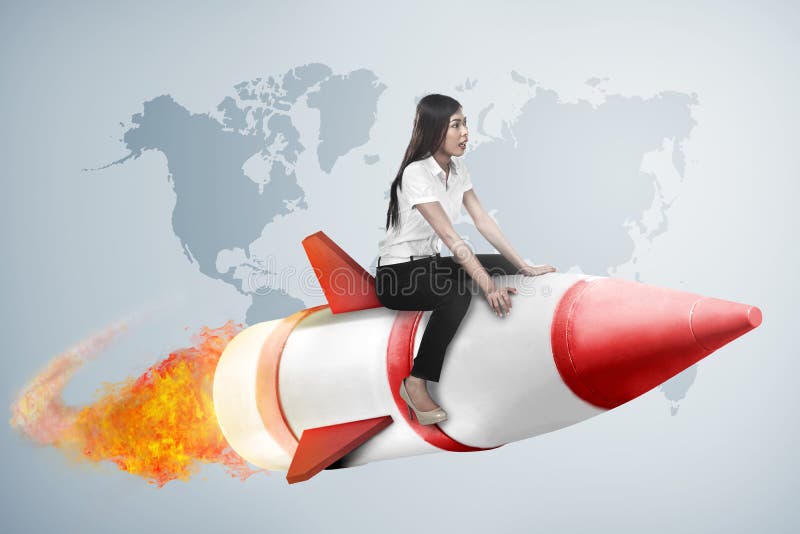Asian Business Woman Flying Ride Rocket Stock Image - Image of idea ...