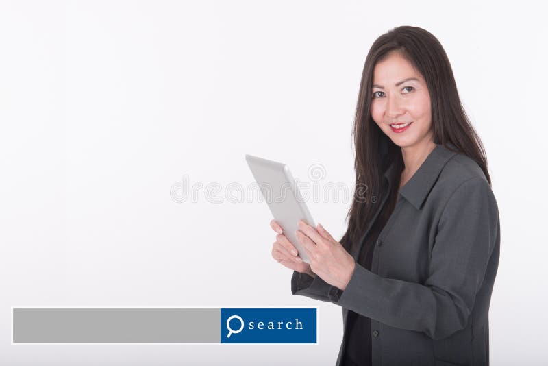 Asian Business Woman Use Computer Tablet with Search Engine Graphic ...