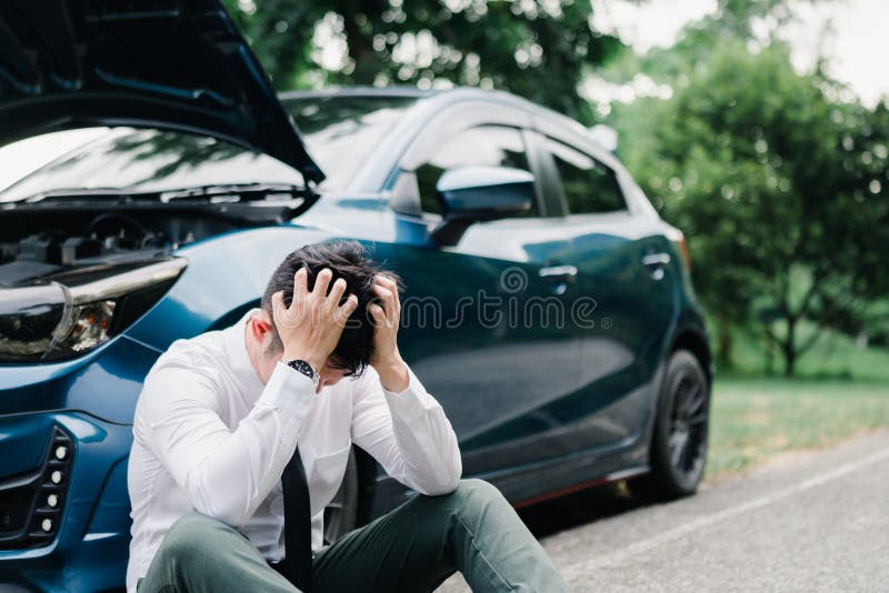 Asian Businessman Broken Car Engine Breakdown His Stressed Emotion ...