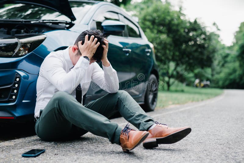 Asian Businessman Broken Car Engine Breakdown His Stressed Emotion ...