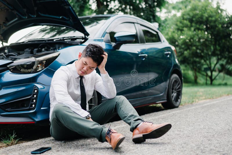 Asian Businessman Broken Car Engine Breakdown His Stressed Emotion ...