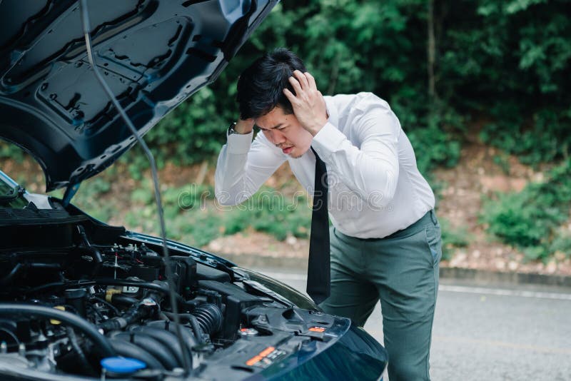 Asian Businessman Broken Car Engine Breakdown, Streesed Emotion ...