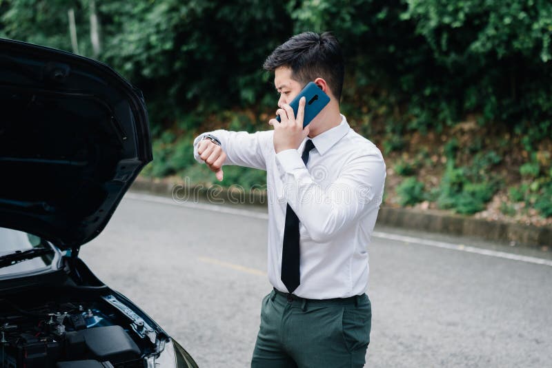 Asian Businessman Broken Car Engine Breakdown, Streesed Emotion ...