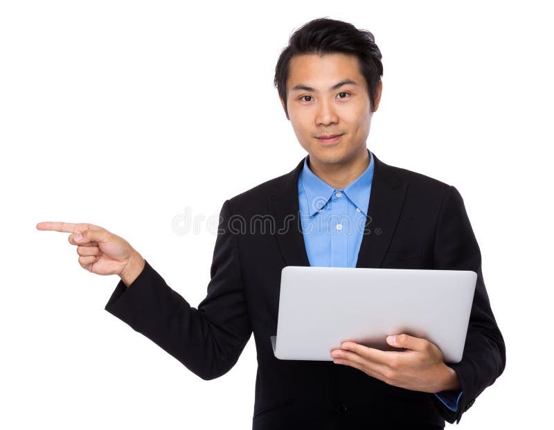Businessman Hold Notebook Computer Finger Pointing Aside Stock Photos ...