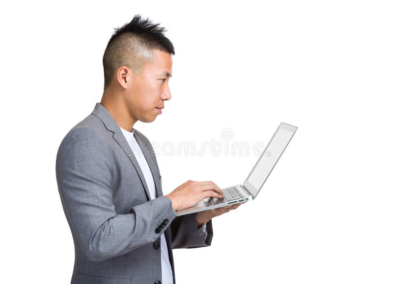 Asian Businessman Look at Laptop Computer Stock Image - Image of hand ...