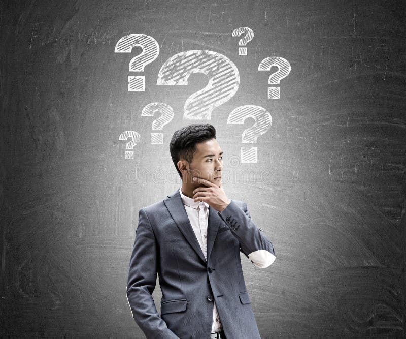 Asian Businessman, Question Marks, Chalkboard Stock Photo - Image of ...