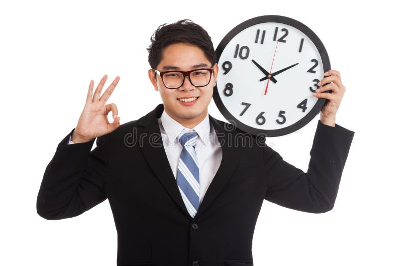 Asian Businessman Show OK with a Clock Stock Photo - Image of minute ...