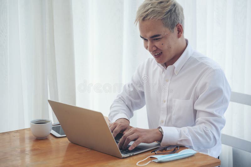 Asian Businessman Type Keyboard Write Financial Graph Chart Planning ...