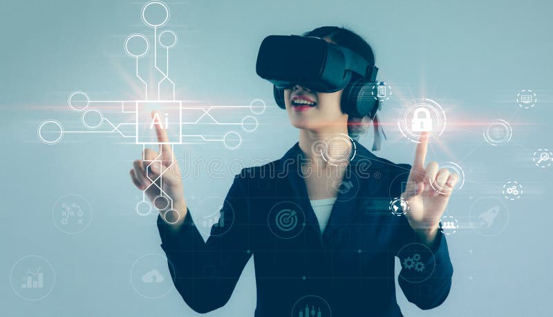 Asian Businesswoman Exploring Virtual Reality Select the Icon Security ...