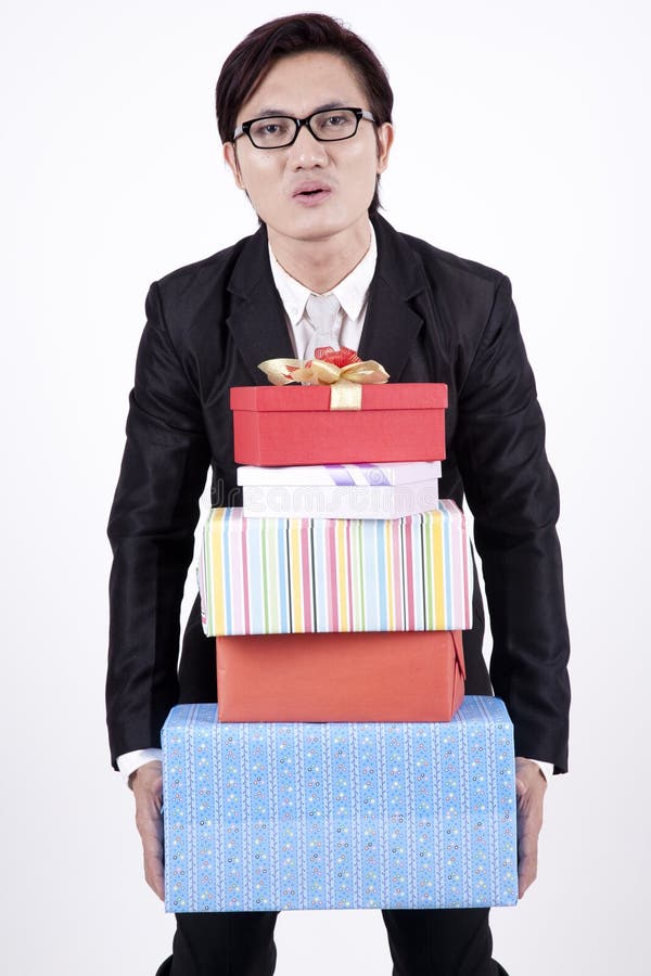 Asian Bussiness Man with Stack of Gifts Stock Image - Image of heavy ...