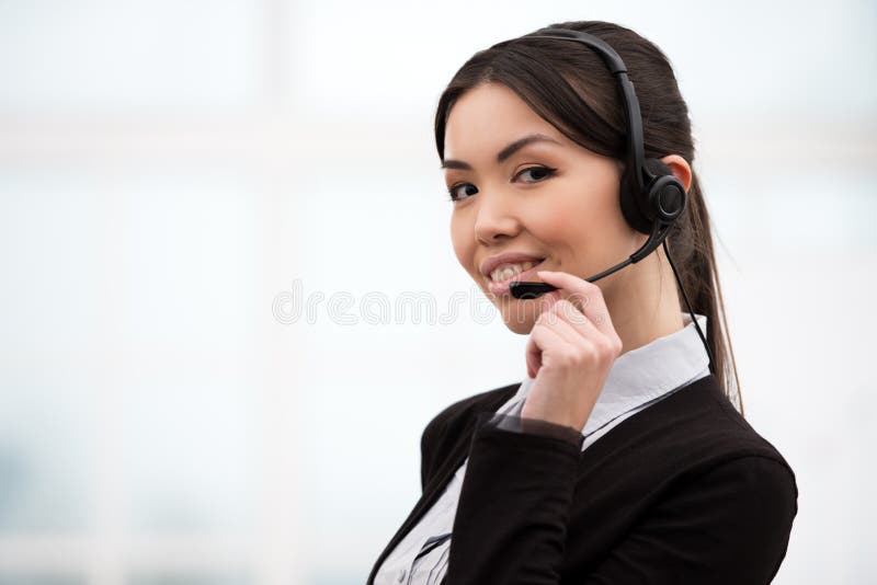 Asian Call Center Female Operator with Headphones Stock Image - Image ...
