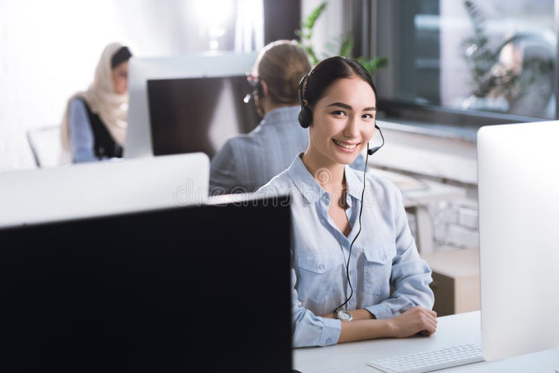 Asian Call Center Operator in Headset Stock Image - Image of electronic ...