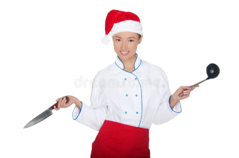 Asian Chef in Christmas Cap with Container Stock Photo - Image of asian ...
