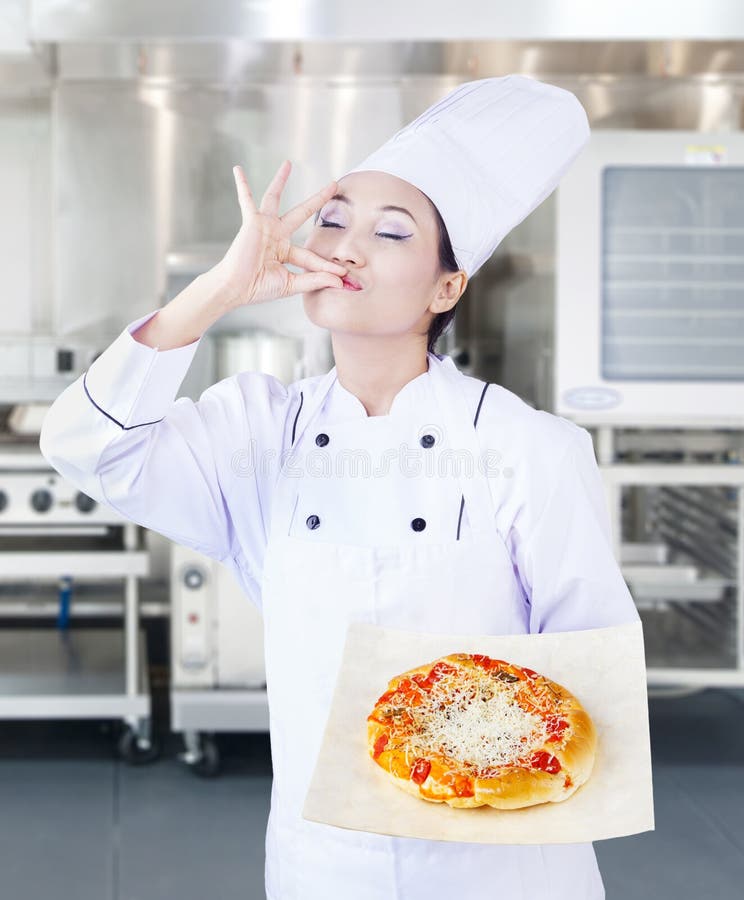 Asian Chef and Delicious Pizza in Kitchen Stock Image - Image of ...