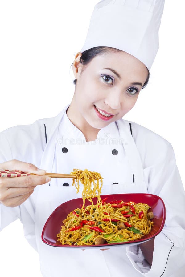 Asian Chef and Fried Noodle in Kitchen Stock Photo - Image of happiness ...